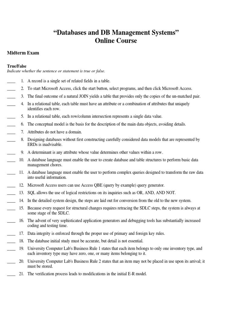 DBMS Example Midterm Exam 1 Check It | PDF | Databases | Database Index DBMS Example Midterm Exam 1 Check It | PDF | Databases | Database Index