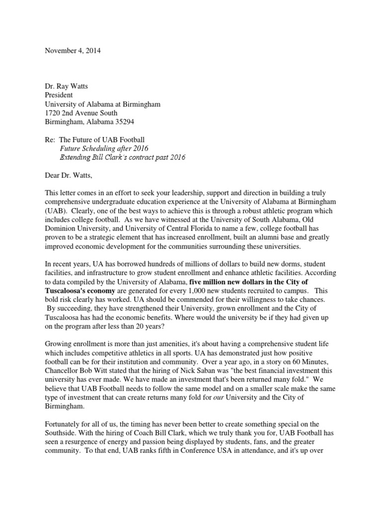 UAB Football Letter | PDF | University Of Alabama | Birmingham