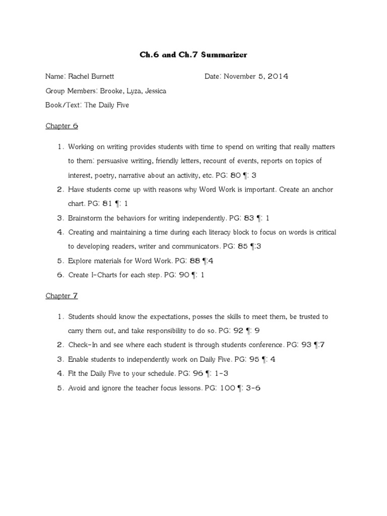 Daily Five Chapters 6 & 7 Summary | PDF