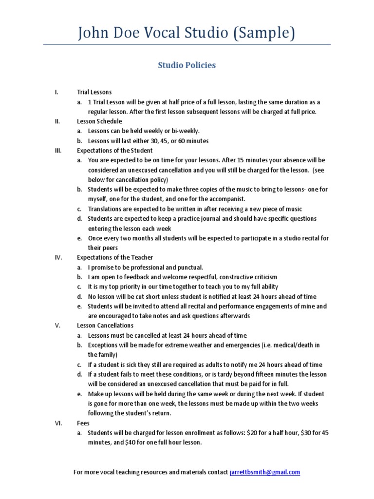 Vocal Studio Policy Overview | PDF | Teachers | Cognition