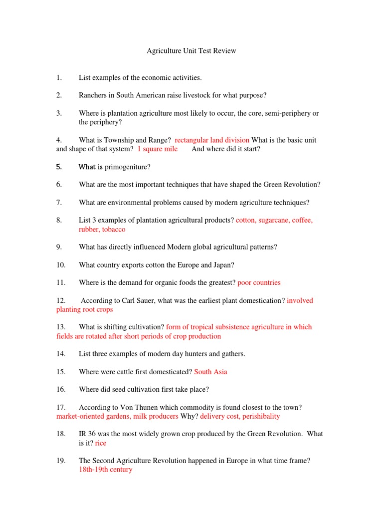 Agriculture Unit Test Review | PDF | Plantation | Cash Crop