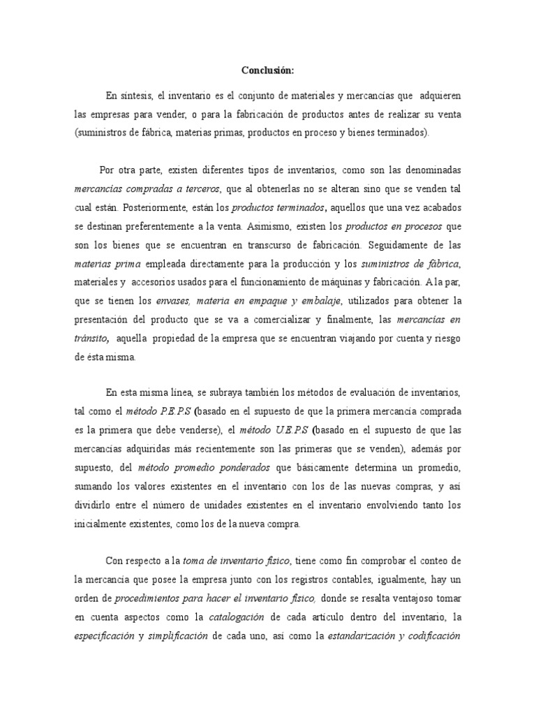 Conclusión Inventario | Inventario | Contabilidad