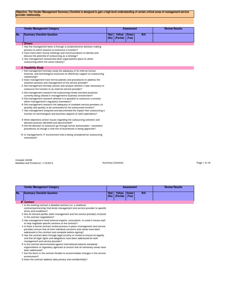 Vendor Management Assessment Checklist | PDF | Business Continuity ...