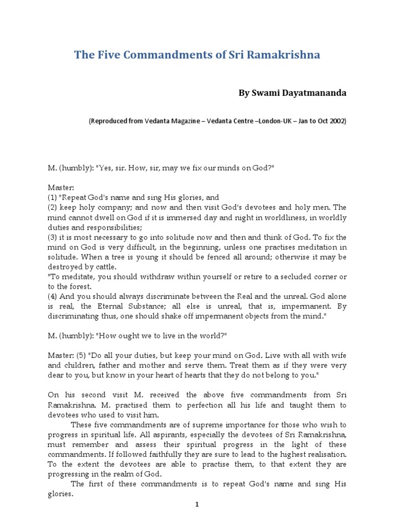 The Five Commandments of Sri Ramakrishna - by Swami Dayatmananda | PDF ...