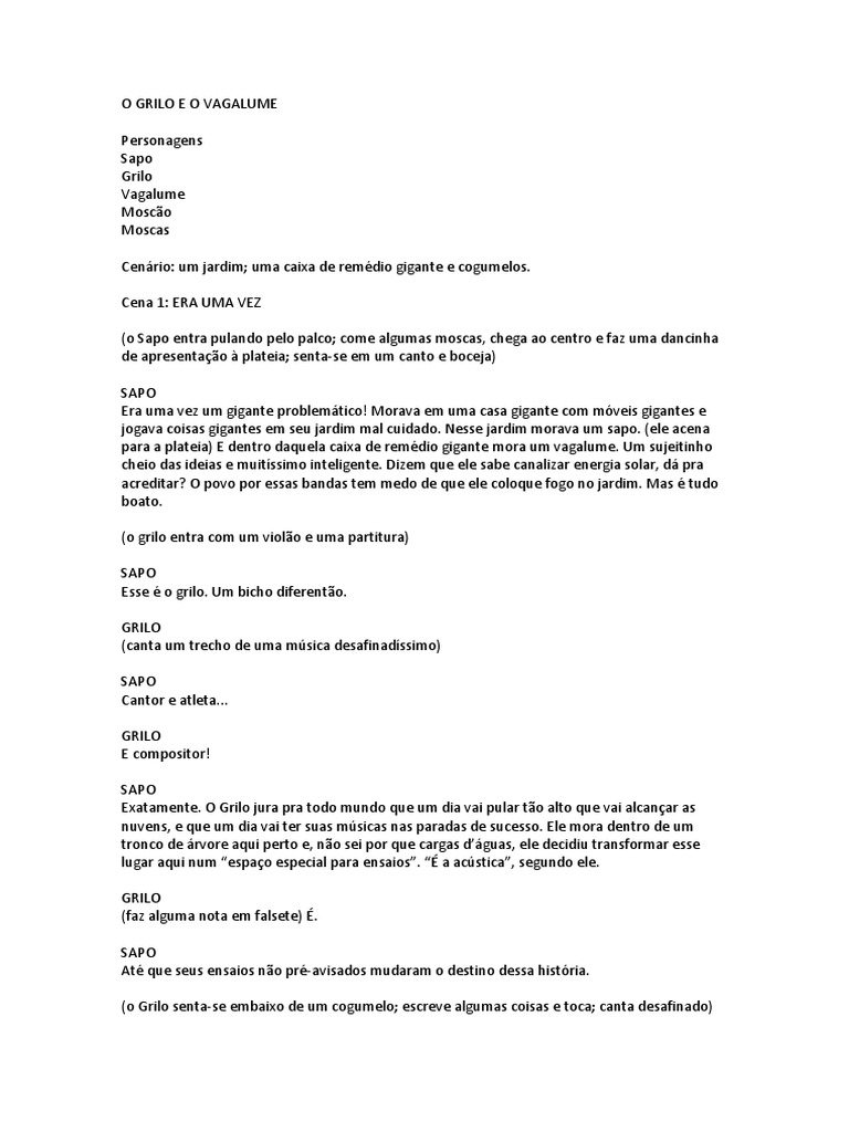 ESPETÁCULO INFANTIL: "O Grilo e o Vagalume" | PDF | Sapo | Gatos