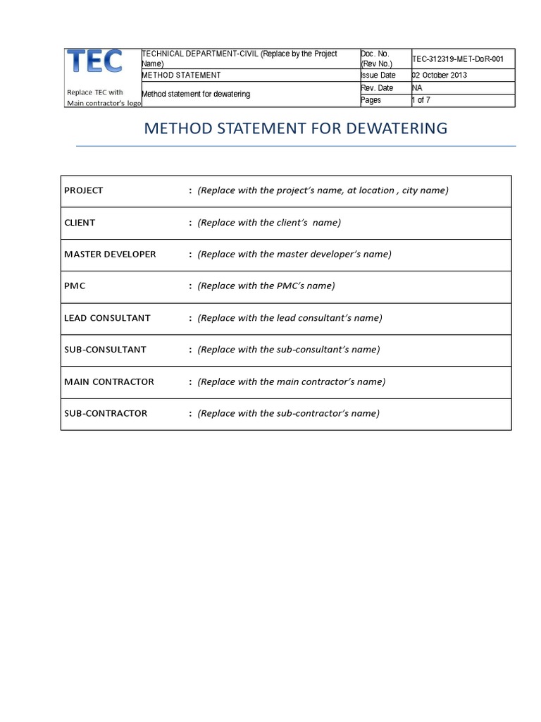 TEC 312319 MET DoR 001 (Method Statement For Dewatering Works) (K) | PDF | Safety ...