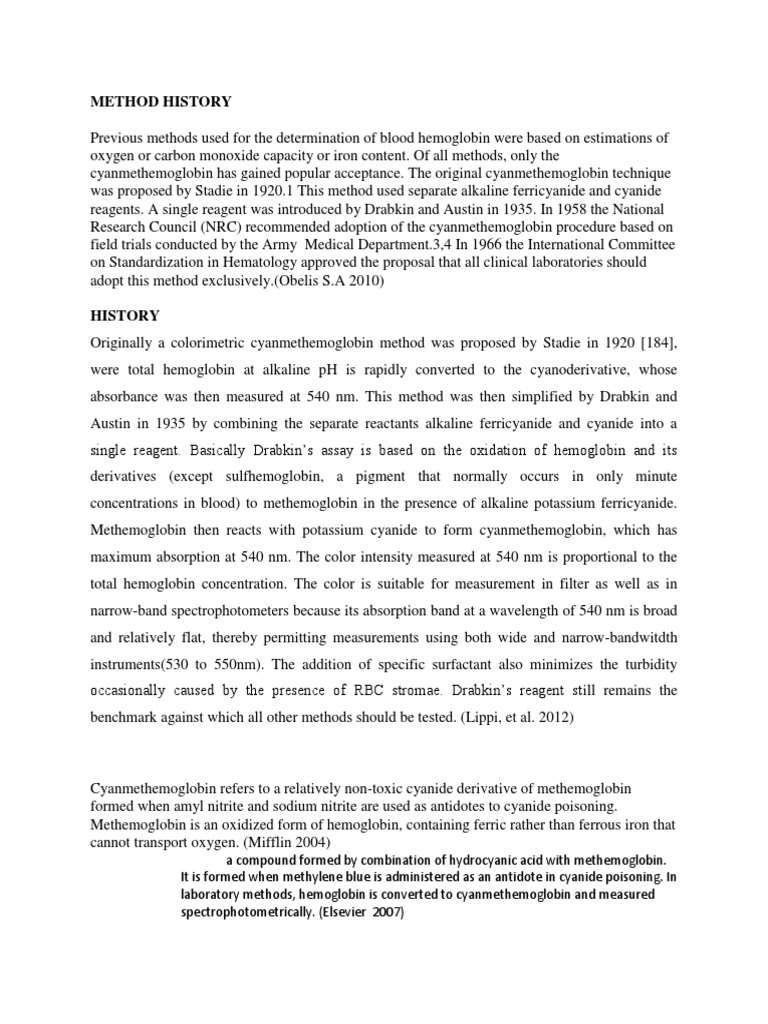 Cyanmethemoglobin Method History | PDF | Cyanide | Hemoglobin