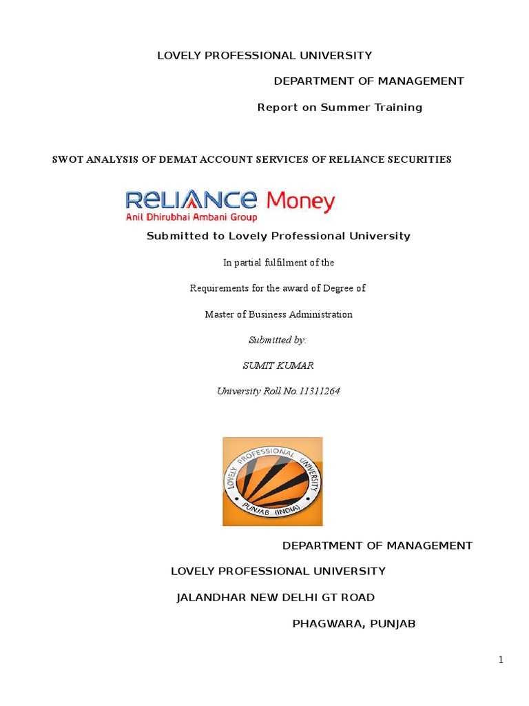 SWOT Analysis of Reliance Demat Services | PDF | Stock Market | Stocks
