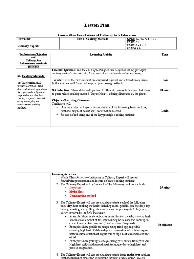 Lesson Plan CookingMethods | PDF | Grilling | Cooking