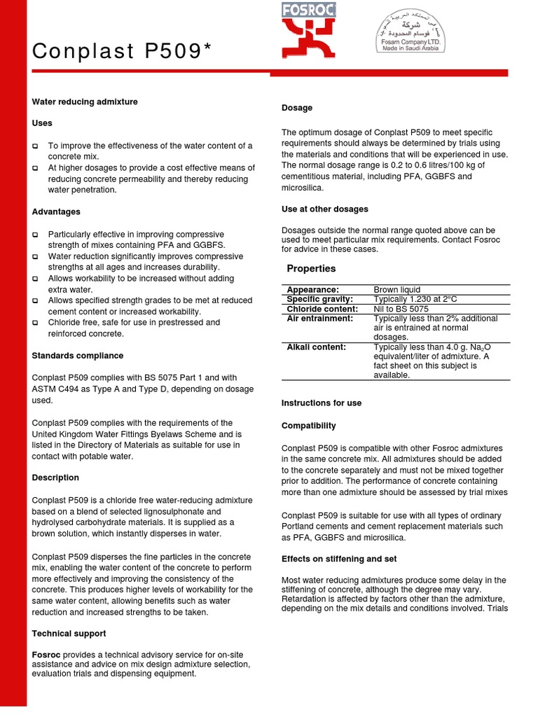 Conplast p509 | PDF | Concrete | Water