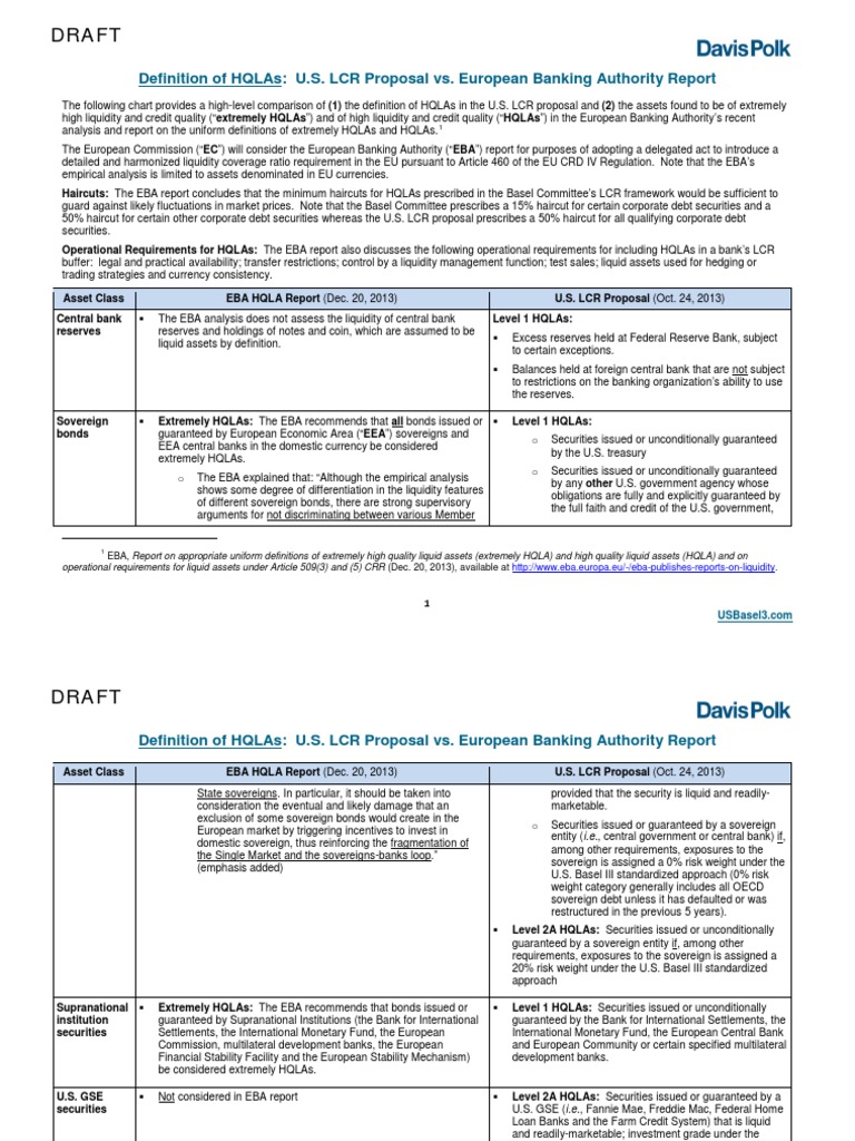 HQLAs U.S. LCR Proposal vs. EBA Report | PDF | Securities (Finance ...