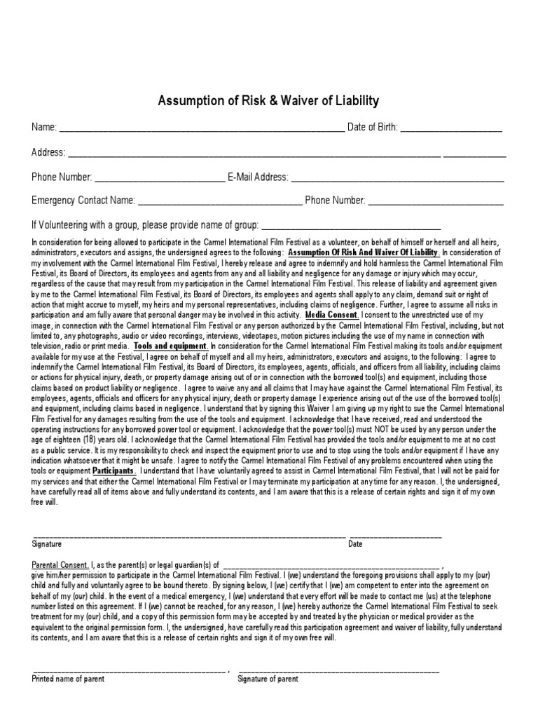 Assumption of Risk & Waiver of Liability | Download Free PDF ...