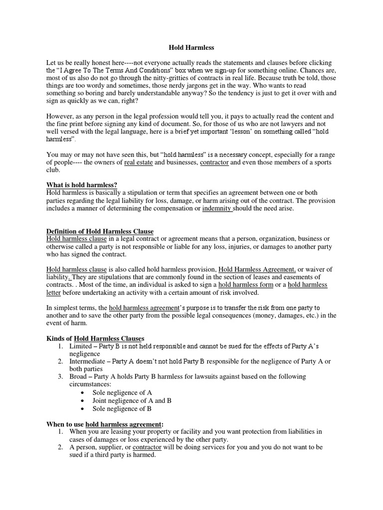 Definition of Hold Harmless Clause | PDF | Indemnity | Negligence