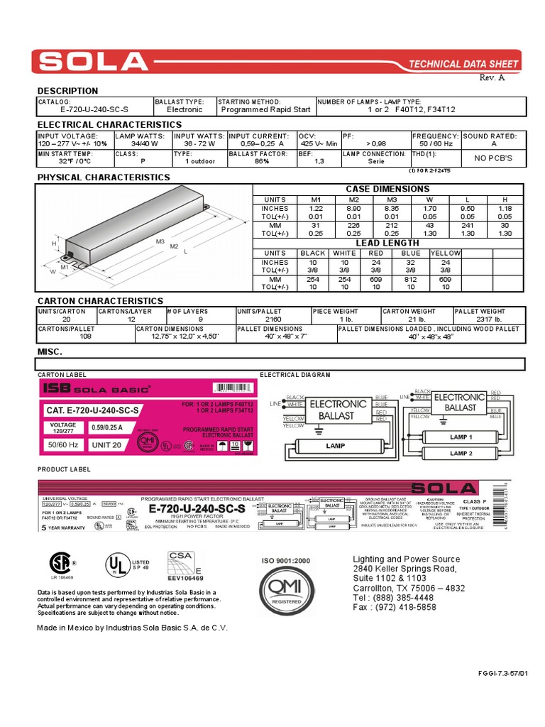 E-720-U-240-SC-S Electronic Programmed Rapid Start 1 or 2 F40T12 ...