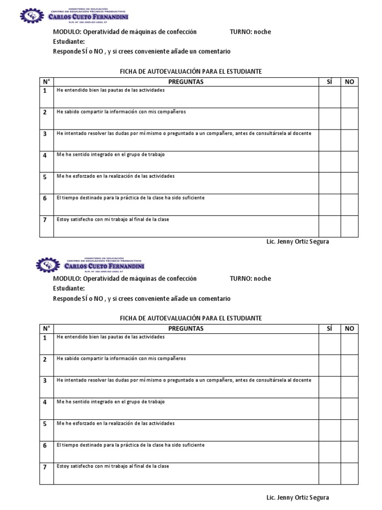 Ficha de Autoevaluación Estudiantil | PDF
