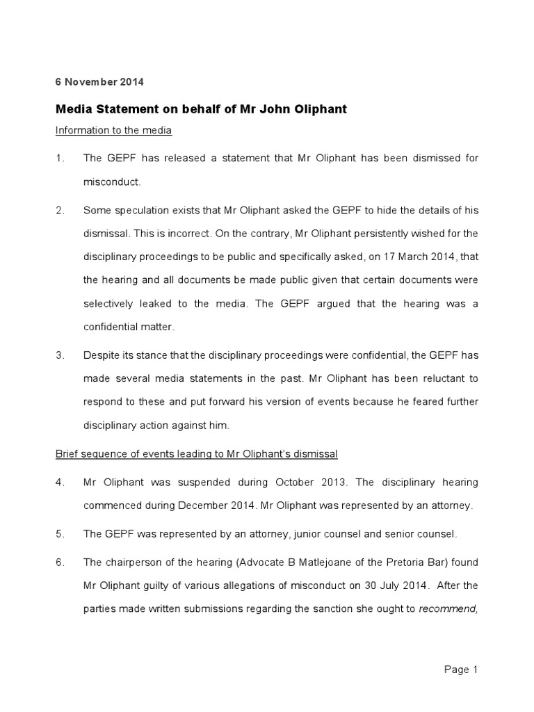 GEPF Dismissal of John Oliphant Explained | PDF | Lawyer | Government