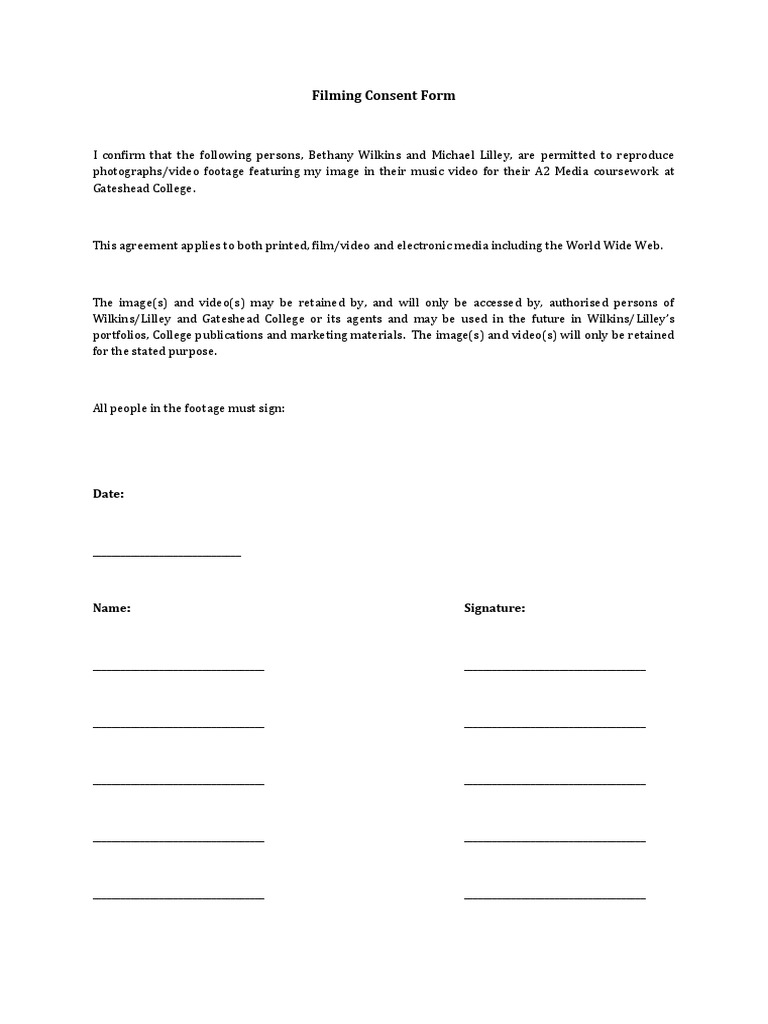 Filming Consent Form for Music Video | PDF