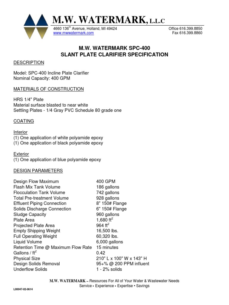 MWWatermark SPC 400 Clarifier Specification L00047 | PDF | Home ...