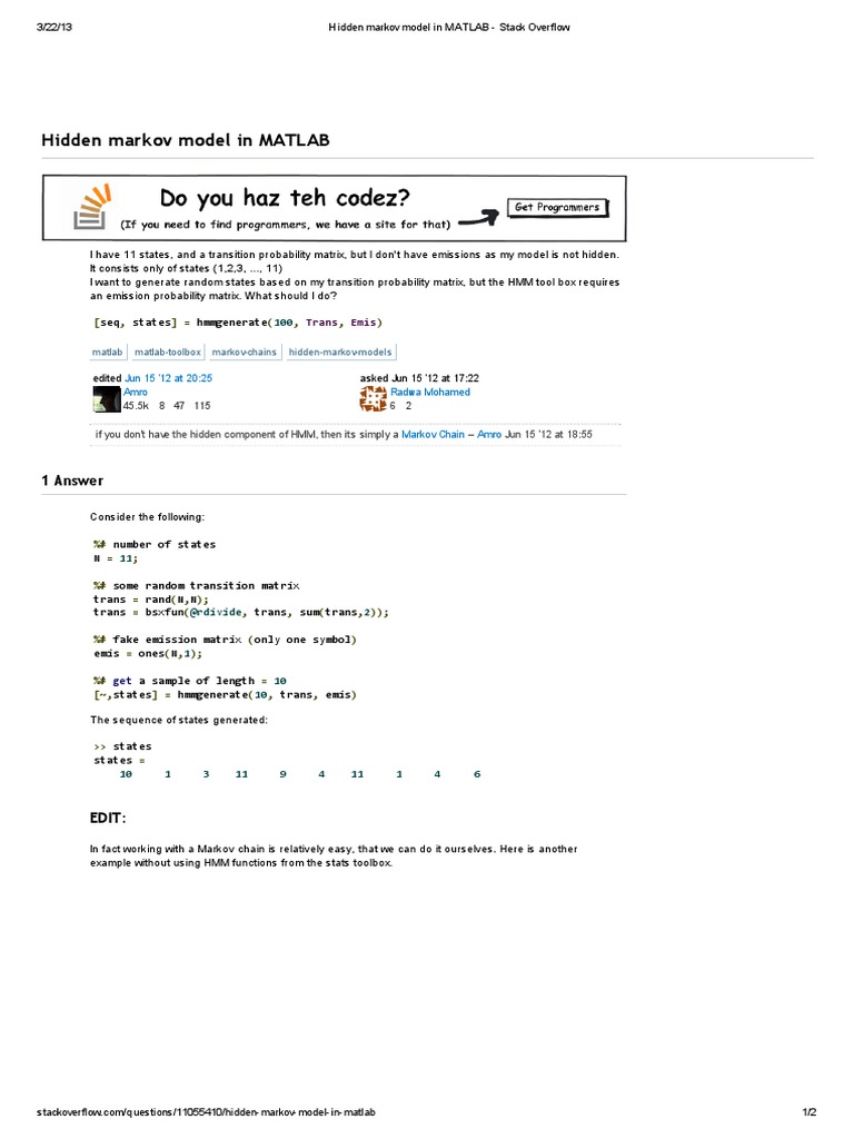 Hidden Markov Model in MATLAB - Stack Overflow | PDF | Markov Chain | Mathematical Analysis