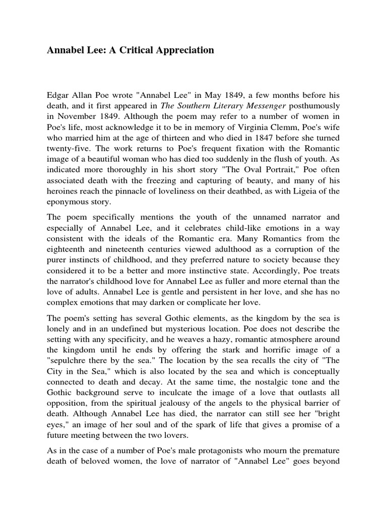 Critical Analysis of "Annabel Lee" | PDF | Edgar Allan Poe | Poetry