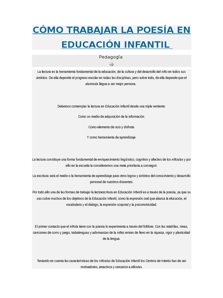 CÓMO TRABAJAR LA POESÍA EN EDUCACIÓN INFANTIL.doc | Jardín de infancia ...