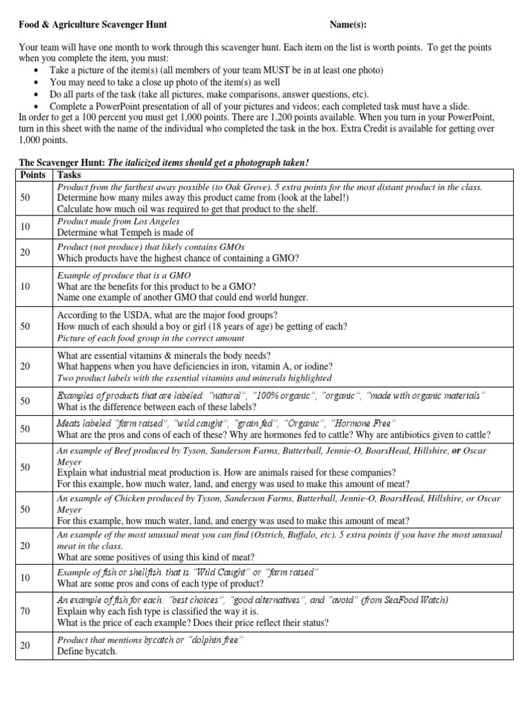 Food Scavenger Hunt | PDF | Organic Foods | Meat