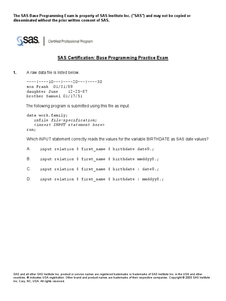 Practice Exam. SAS Pre-Advanced | Sas (Software) | Array Data Structure