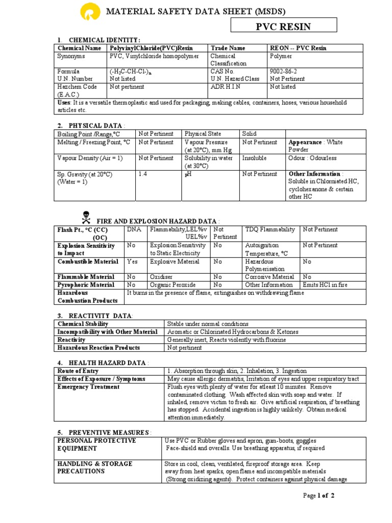 Msds PVC Reon | PDF | Polyvinyl Chloride | Chemical Substances
