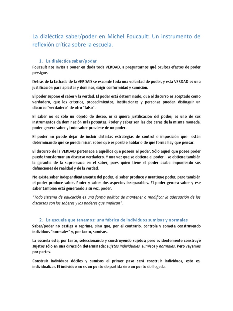 Saber y poder en la educación de Foucault | PDF | Verdad | Dialéctico