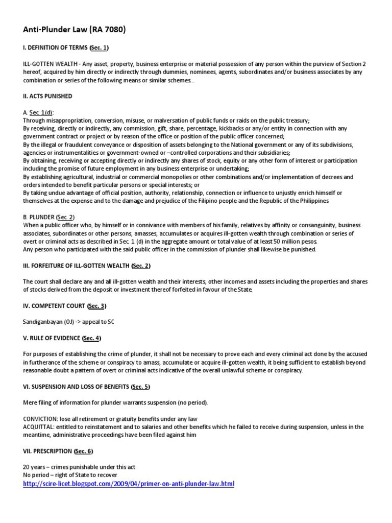 Anti-Plunder Law (RA 7080) | PDF | Conspiracy (Criminal) | Crime & Violence