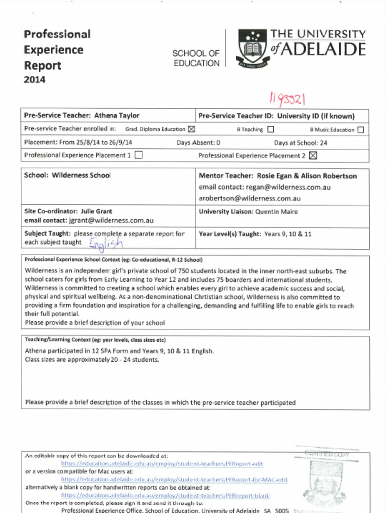 Professional Experience Report: Athena Taylor | PDF | Curriculum ...