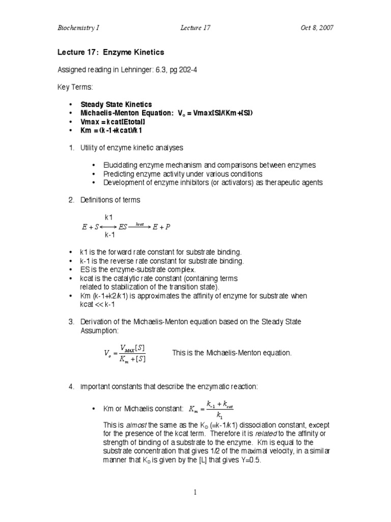 Lecture 17: Enzyme Kinetics: Biochemistry I Oct 8, 2007 | PDF | Enzyme ...