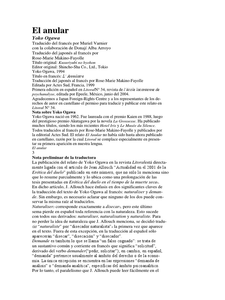 El anular de Yoko Ogawa: análisis y traducción | PDF | Traducciones | Piano