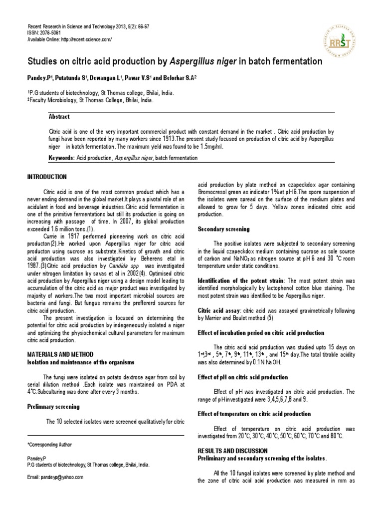 Studies On Citric Acid Production by Aspergillus Niger in Batch ...