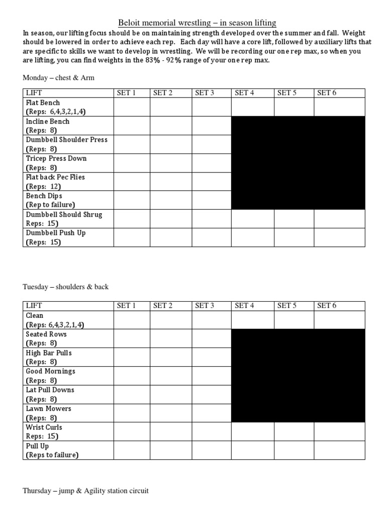 Beloit Wrestling In-Season Lifting Plan | PDF