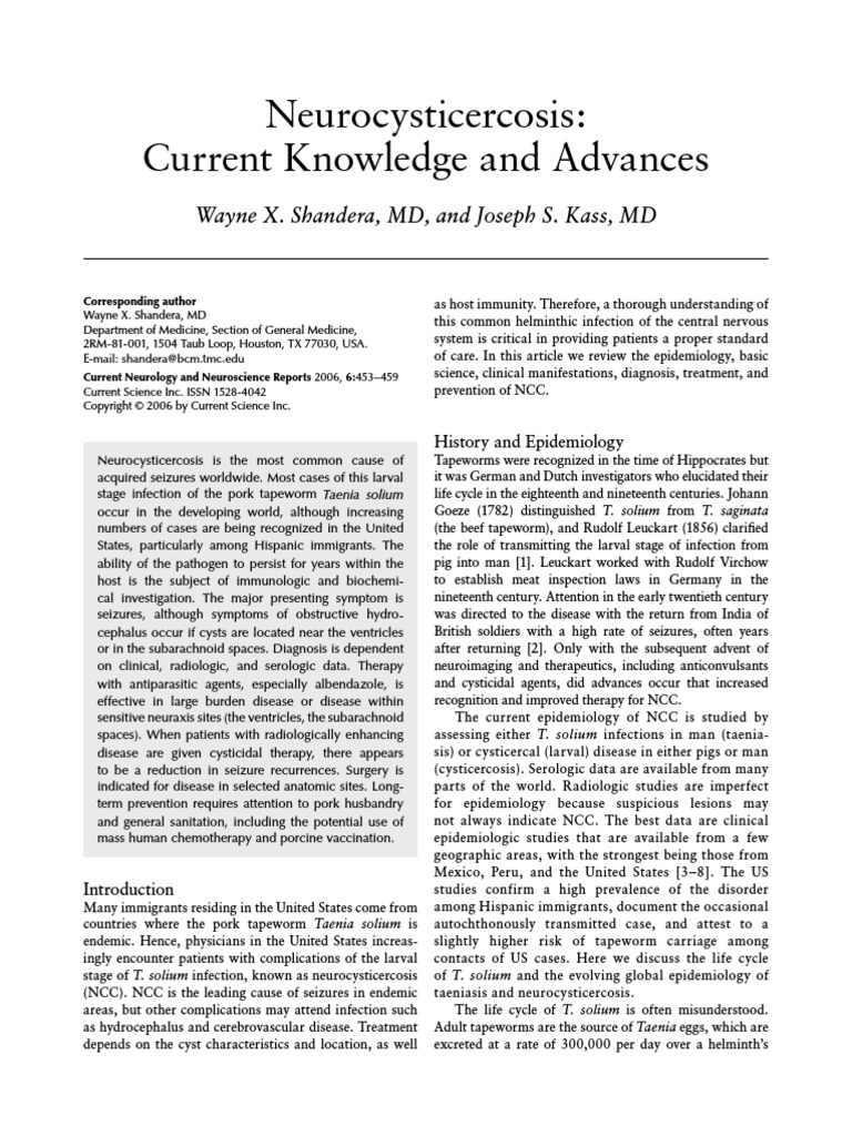 Neurocysticercosis: Current Knowledge and Advances: Wayne X. Shandera ...
