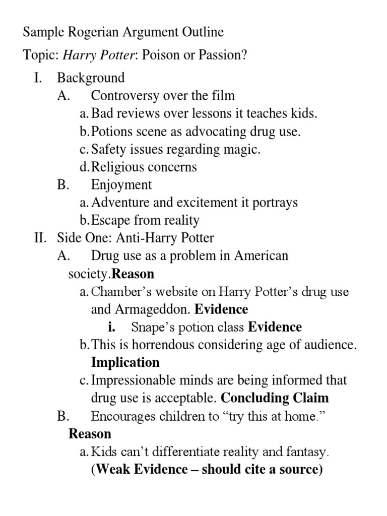 Rogerian Argument Outline: Harry Potter | PDF