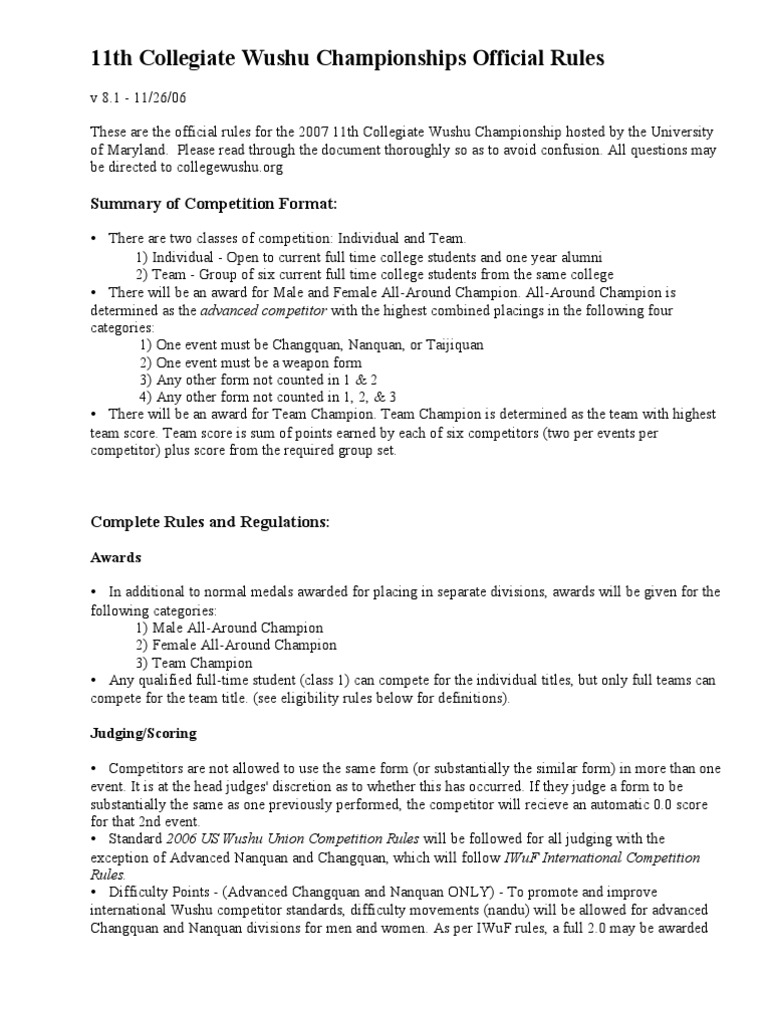 11th Collegiate Wushu Championships Official Rules: Summary of ...