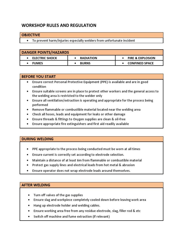 Welding Workshop Safety Regulations | PDF