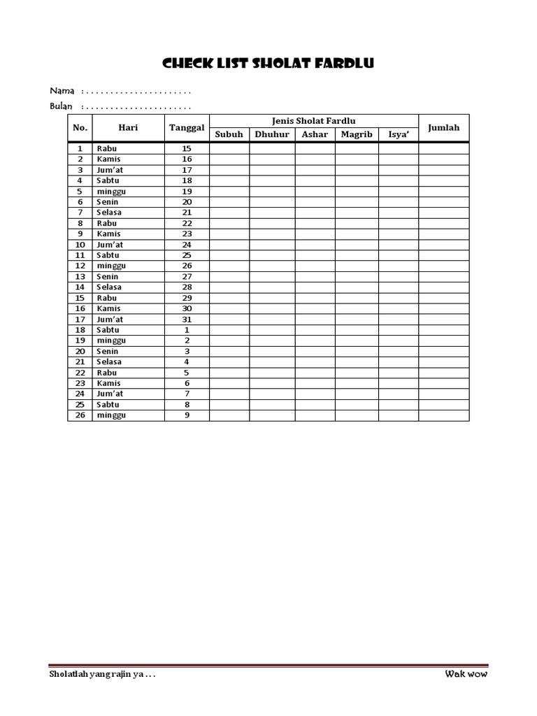 Checklist Sholat Fardlu Harian | PDF