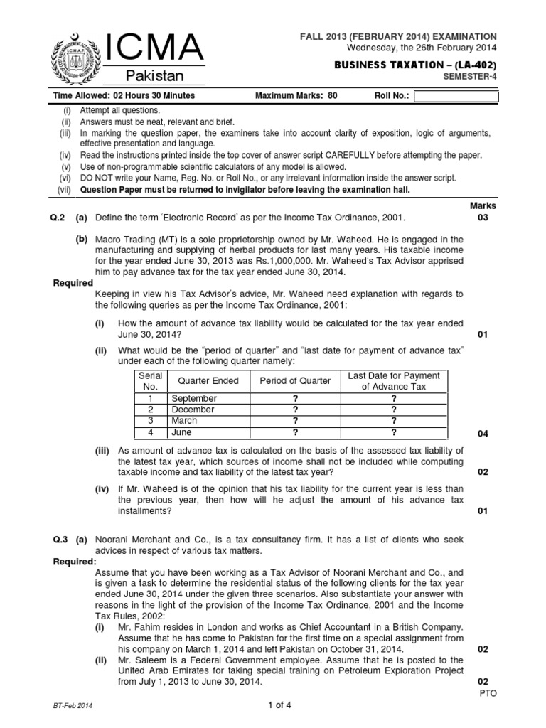 Analysis of Business Taxation Examination Questions Focusing on Tax ...
