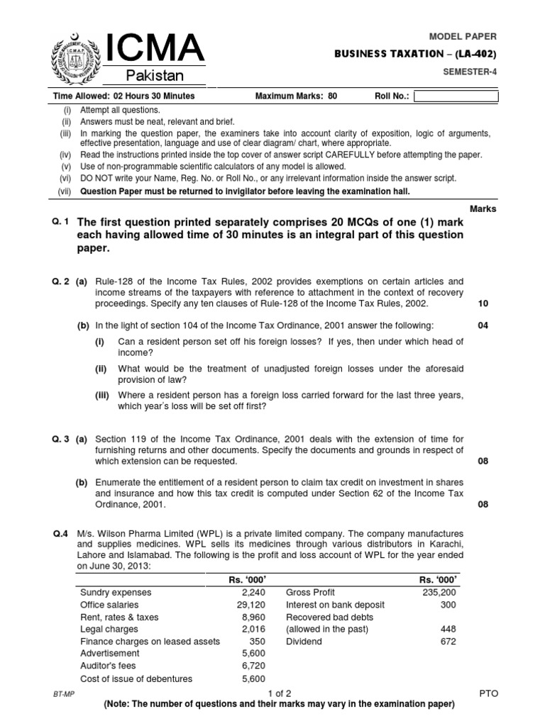 ICMA Business Taxation Model Paper | PDF | Expense | Taxes