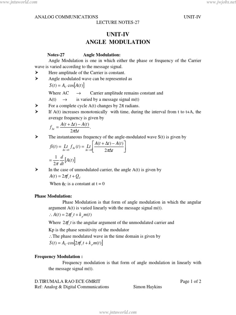 Unit-Iv Angle Modulation | PDF | Modulation | Phase (Waves)