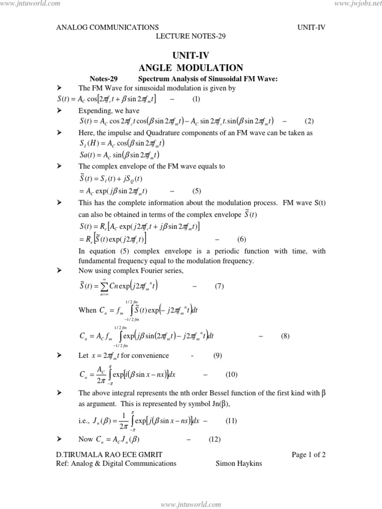 Unit-Iv Angle Modulation: Notes-29 Spectrum Analysis of Sinusoidal FM ...