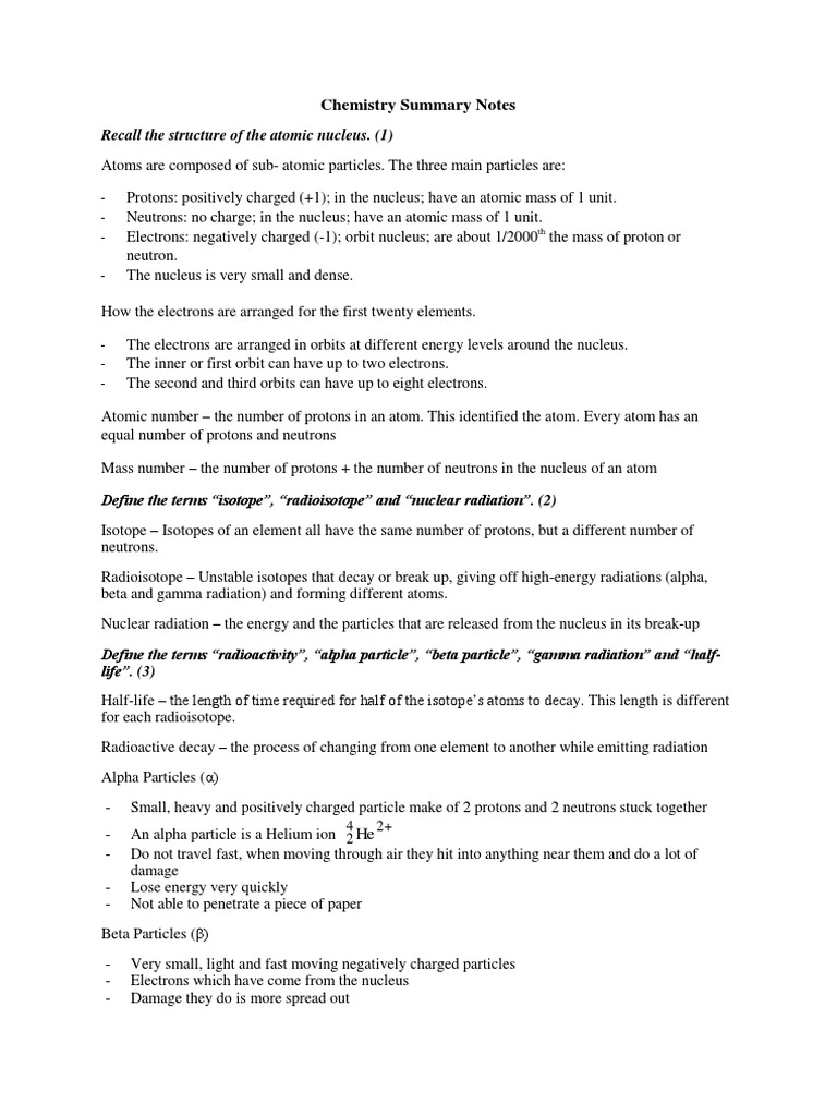 Year 10 Chemistry Summary Notes | PDF | Radioactive Decay | Atomic Nucleus