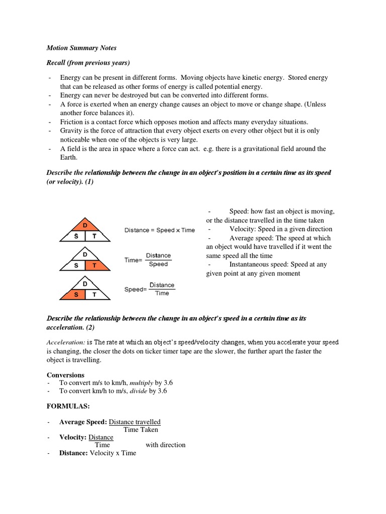 Motion Summary Notes | PDF | Acceleration | Speed