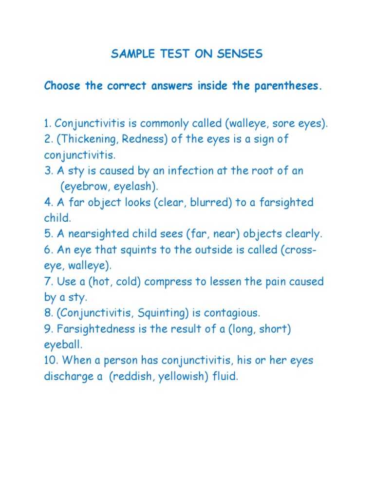 Sample Test on Eye Health and Senses | PDF
