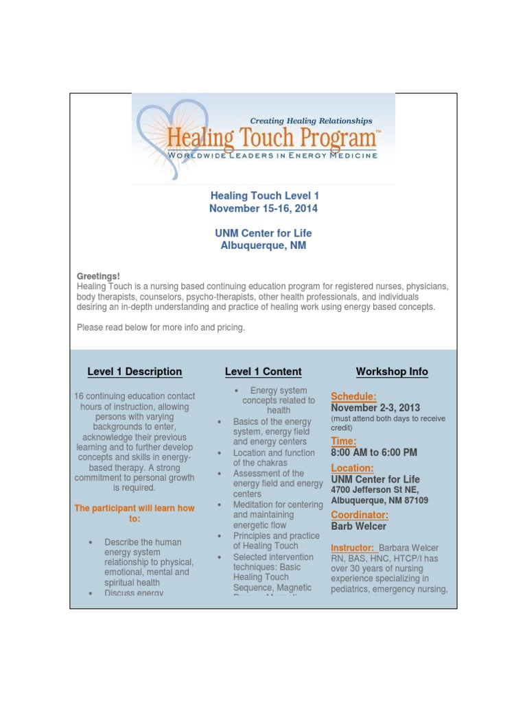 Healing Touch Program, Level I | PDF | Alternative Medicine | Psychotherapy