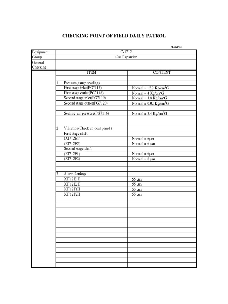 Gas Expander Daily Maintenance Checklist | PDF