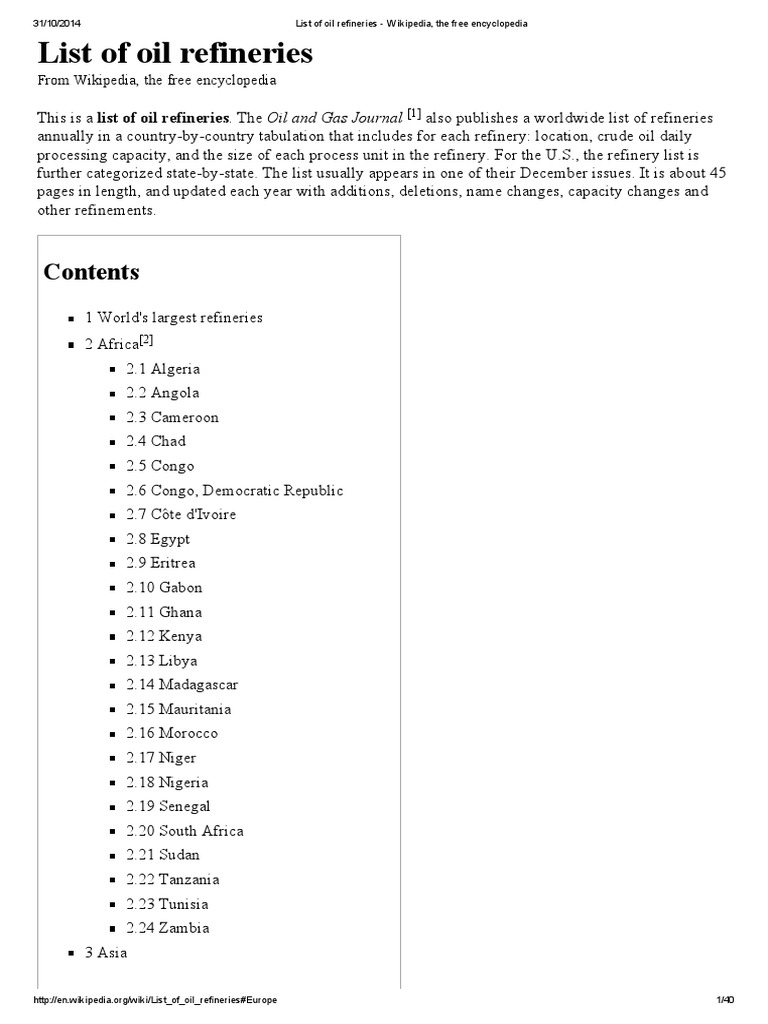 List of Oil Refineries - Wikipedia, The Free Encyclopedia | PDF